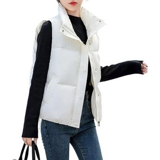 Generic Gilet chaud dhiver pour femme, doudoune l&eacute;g&egrave;re, matelass&eacute;e, fermeture &eacute;clair, poches, beige, taille XXL
