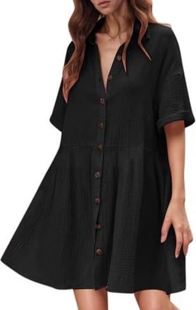 Generic Robe boutonn&eacute;e pour femme, robe d&eacute;t&eacute; ample en coton et lin avec ourlet &agrave; volants, robe tunique &agrave; manches courtes, robe d&eacute;t&eacute; boh&egrave;me, robe baggy pour le