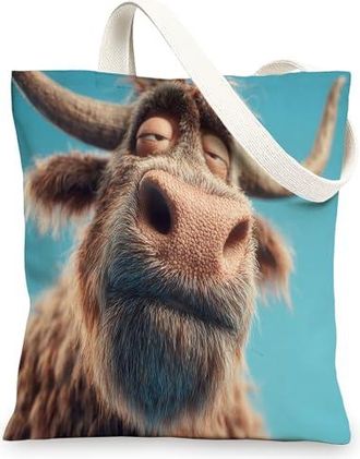 Generic Sacs fourre-tout en toile motif animal amusant, sacs dépicerie réutilisables, légers et lavables avec bandoulière, bleu, 13x15 Inch