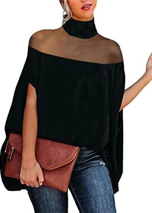 ORANDESIGNE Blouse Femme Haut Élégant Tunique Chic Top Fluide Cape de Chemise épaules Dénudées Mode T-Shirt à Manches Chauve-Souris Décontracté Imprimée Tunique C