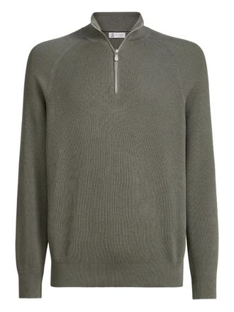 Brunello Cucinelli Gerippter Pullover mit kurzem Rei&szlig;verschluss - Gr&uuml;n