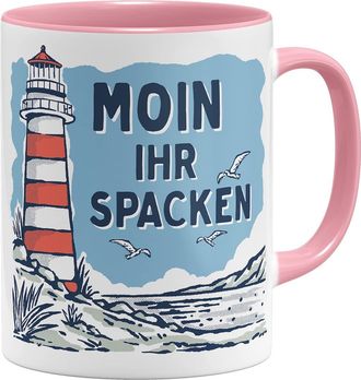 OM3 lustige Kaffee-Tasse mit Spruch - Moin Ihr Spacken - Slogan Leuchtturm Meer Küste - Keramik Becher - 11oz 325ml - Beidseitig Bedruckt - Rosa