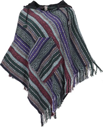 Guru Shop Unisex Poncho Hippie Chic, Andenponcho mit Fransen - Blau/lila, Herren/Damen, Baumwolle