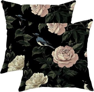 Generic Dekorative Kissenbezüge mit Blumenmuster, Pfirsichrose und blauer Vogel, Vintage-Stil, Bauernhaus, Wohnzimmer, Sofakissenbezüge für Heimdekoration, 40