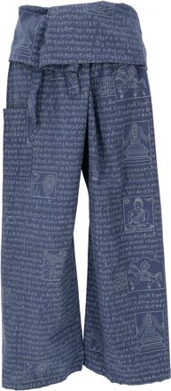 Guru Shop Thai Fischerhose mit Mantra Druck aus Gewebter Baumwolle, Wickelhose, Yogahose - Blau, Herren/Damen