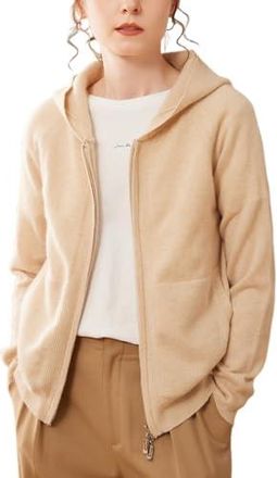 Dissa Cardigan Cachemire Femme Beige Capuche Fermeture éclair Tricoté en Vrac Manches Longues épais Pull en Cachemire et Laine,EU 40,SPR2450