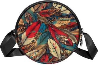 Generic Sac &agrave; bandouli&egrave;re rond rond pour femme, motif plumes color&eacute;es, avec fermeture &eacute;clair, bretelles r&eacute;glables, style d&eacute;contract&eacute;