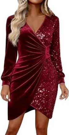 Generic Robe de f&ecirc;te pour femme en velours dor&eacute; avec paillettes - Manches longues - Tendance et sexy - Robe d&eacute;t&eacute; moulante, Bordeaux, 3XL