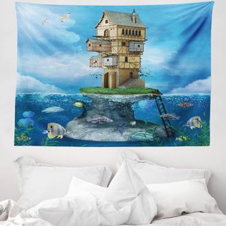 Abakuhaus Fantasie Wandteppich, Fantasie Fischerhaus aus Weiches Mikrofaser Stoff Waschbar ohne Verblassen Digitaldruck, 150 x 110 cm, Blau Braun Grün