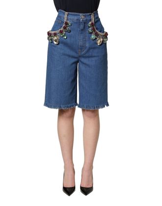 Dolce & Gabbana Womens Blue Cotton Embellished Bermudadenim Shorts Elastane