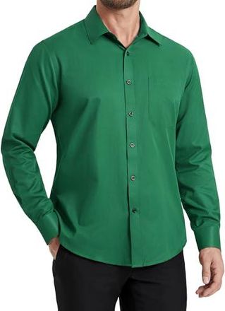 Hisdern Chemise Vert Homme Mariage Chemise a Manches Longues Couleur Unie Style Coton à Poignets Boutonnés pour Noël Taille 2XL
