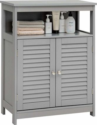 Costway Costway - Meuble Salle de Bain/Rangement de Salle de Bain-2 Portes Persiennes-Etag&egrave;re r&eacute;glable-Dispostif Anti-basculement-60x30,5x80cm Blanc