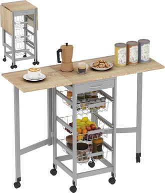 HOMCOM K&uuml;chenwagen mit klappbaren Fl&uuml;geln, K&uuml;chenhilfswagen mit R&auml;dern, Gem&uuml;sewagen mit Schublade und 3 Metallk&ouml;rben, 97,2x37x77,5 cm, Grau & Eiche