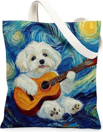 Generic Sac fourre-tout en toile pour le shopping Motif chien maltais 33 x 38 cm, sac d&eacute;picerie r&eacute;utilisable pour femme, animal de compagnie, chiot, peinture 