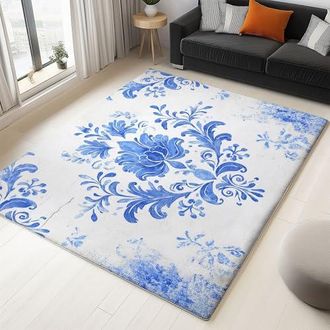 Generic Bleu Tapis Chambre Ado Art D&eacute;co - Tapis Imprim&eacute; Aquarelle Style Vintage Fleurs, Flanelle Doux Antid&eacute;rapant Poils Courts pour Gar&ccedil;on Enfant Salon Salle