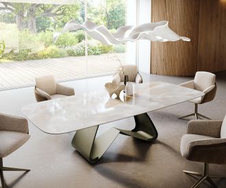 DELIFE Esstisch Edge Boot 270x120 cm Keramik Iris FMG Onice Grigio W-Gestell Metall Effektfinish Titan, Esstische