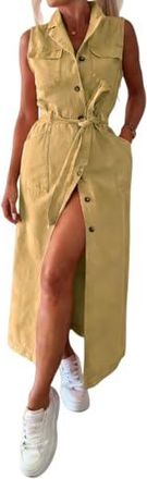 Generic Robe en jean boutonn&eacute;e sans manches pour femme, robe longue sans manches avec ceinture en jean pour femme, robe midi &agrave; col, jaune, XL