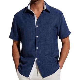 Generic Chemises en lin pour homme &agrave; manches courtes boutonn&eacute;es - Col rabattu - Tendance - Contraste - Vacances d&eacute;t&eacute; - Chemise de plage d&eacute;contract&eacute;e - Chemisi