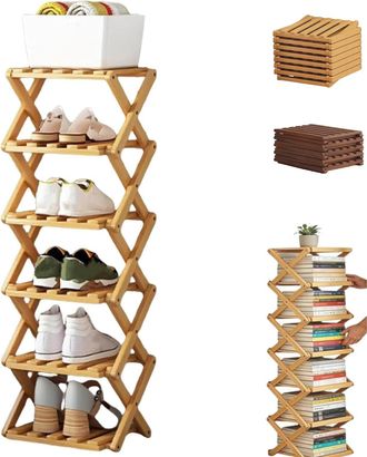 Generic The 9-Tier No-Assembly Bamboo Rack, Foldable Vertical Shoe Organizer for Small Spaces, No-Tool Assembly, Foldable Storage Shelf for Shoes, Books & Hom