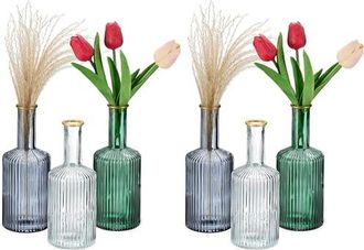 Relaxdays Vasen aus Glas, im 3er Set, Blumenvasen in Flaschenform, H x D: 20,5 x 8 cm, Dekovasen gerillt, Mehrfarbig (Packung mit 2)