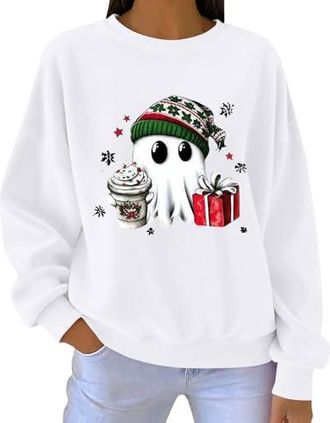 Generic Sweat imprimé de Noël pour femme, pull de Noël fantaisie mignon graphique 2025 col rond surdimensionné à manches longues pour les vacances festives et