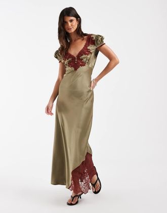 Asos Satin-Tea-Maxikleid mit Kontrastspitze in Oliv-Lila