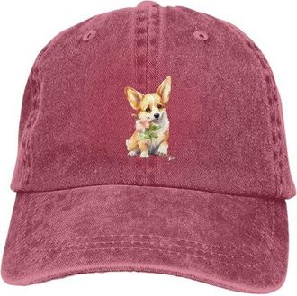 Yaxinduobao Corgi Casquette de baseball réglable en denim délavé pour homme Motif fleur, Corgi Chien câlin Fleur Rouge, taille unique