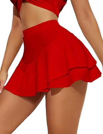 Avidlove Damen Mini Rock Sexy Ruffle Skirt Kurz Faltenrock Solide Hohe Taille R&ouml;cke Elegant Plisseerock Festival Skater L&auml;ssiger Minirock Rot XXL