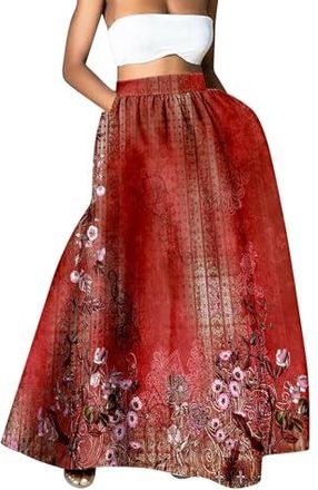 Generic Jupes pour femmes, jupe &agrave; imprim&eacute; floral, taille haute, poche de plage, jupe longue 2026, jupe trap&egrave;ze pour femme, grande taille, jupe trap&egrave;ze, Rouge,