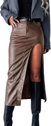 Generic Jupe midi en cuir synth&eacute;tique pour femme - Taille haute - Couleur unie - Fente sur les hanches - Tenue de vacances en plein air, marron, XL