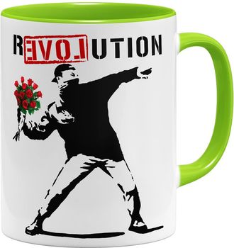 OM3 Love Revolution Banksy Kaffee-Tasse Statement - Keramik Becher - 11oz 325ml - Beidseitig Bedruckt - Hellgrün