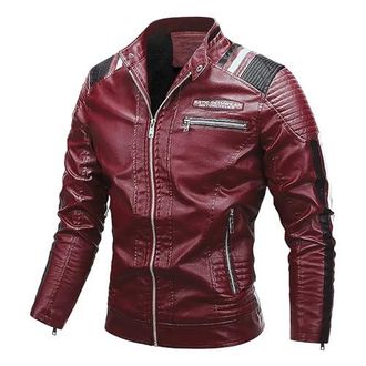 Generic Veste en cuir pour homme avec col montant - Veste de moto r&eacute;tro classique en cuir synth&eacute;tique - Couleur contrast&eacute;e - Veste de motard avec poches &agrave; fer