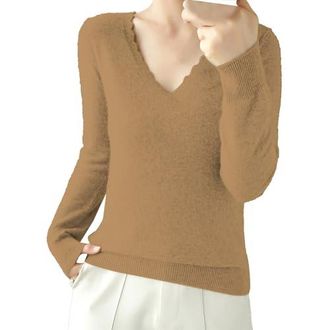 Generic Pull en tricot pour femme avec col en V - Couleur unie - Classique - Confortable - D&eacute;contract&eacute; - Manches longues - Coupe ajust&eacute;e - L&eacute;ger - Tendance - 