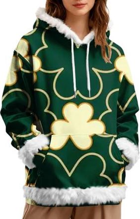 Generic Sweat &agrave; capuche en polaire pour femme - Motif tr&egrave;fle irlandais - Manches longues - Col rond - Coupe ample - Super doux et chaud - Avec grandes poches,