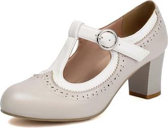 Generic Femmes Bout Rond PU Leather Mary Janes T-Sangle Vintage Brogues avec Boucle Talon Bloc Chaussures De Bal De Fête,Blanc,35.5 EU