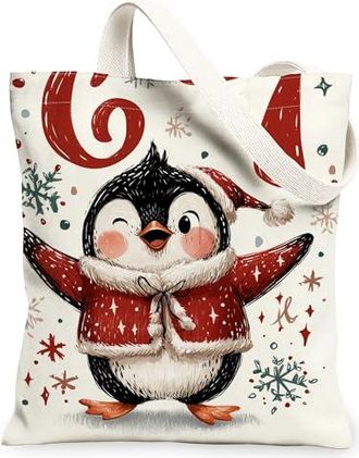 Generic Sacs fourre-tout en toile motif pingouin de No&euml;l, sacs d&eacute;picerie r&eacute;utilisables, vintage, l&eacute;gers, lavables avec bandouli&egrave;re F, blanc, 13x15 Inch