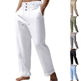 Generic Pantalon en lin pour homme, coupe ample, d&eacute;contract&eacute;, devant plat, pantalon habill&eacute;, pantalon droit, jambe large, pantalon de plage, taille &eacute;lastique,