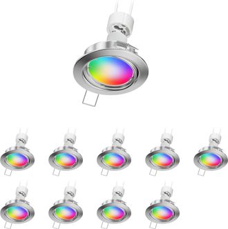 LEDs Com 10 Stück Decken-Einbaustrahler FERE Einbaurahmen chrom matt schwenkbar inkl. Smart Home RGBW GU10 LED Lampe, 5,41W, 473lm