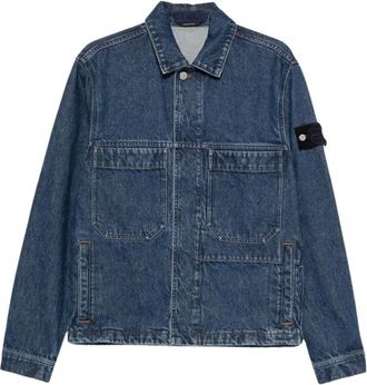 Stone Island Veste Biker en Denim Lavage Granuleux - Homme - Vestes - Bleu - Taille: XL