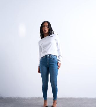 Topshop Petite Jamie - Eng geschnittene Jeans in Altblau mit hohem Bund