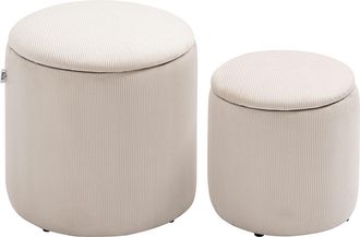 HOMCOM 2er Sitzhocker rund Ottomane mit Stauraum Fu&szlig;hocker Aufbewahrungsbox Deckel Abnehmbar Bezug in Cordoptik Cremewei&szlig;