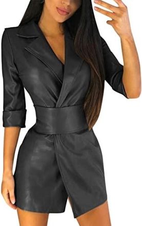 Generic Femmes Cool Manteau en Cuir à Manches Longues col en V Veste dhiver PU Sexy Moulante en Cuir Robe en Cuir Mini Robe avec Ceinture Robe pour Ronde (Bla