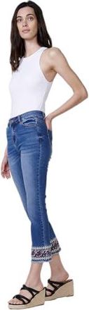 Kor&ouml;shi Pantalon long en jean fin avec finition en broderie florale pour femme, couleur bleu OSC, bleu, 38