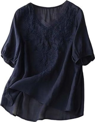 Generic T-shirt &eacute;l&eacute;gant pour femme - Col en V - Chemise en lin pour femme - Manches courtes - Broderie - Chemisier d&eacute;t&eacute; vintage - Chemisier d&eacute;t&eacute; tendance - Ch