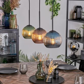 HOFSTEIN H&auml;ngeleuchte Koyoto, 3-flammige H&auml;ngelampe aus Metall/Riffelglas in Schwarz/Gr&uuml;n/Blau/Kupfer, Pendelleuchte im Retro/Vintage-Design (Schirme &Oslash; 15 cm),