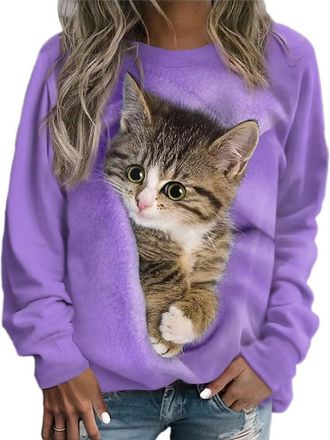 Onsoyours Pullover Damen Sweatshirt Herbst Winter Frauen Drucken Langarm Kapuzenpullover mit Katze Motiv Hemd Locker Casual Oberteil Bedruckte Tops Sweatshirts 