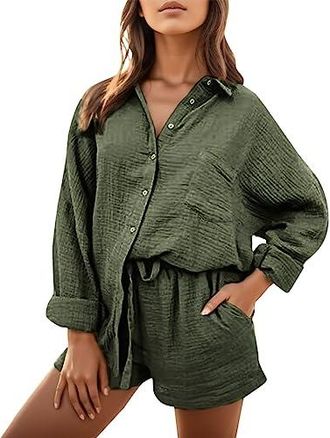 Generic Ensemble textur&eacute; 2 pi&egrave;ces pour femme - Chemise boutonn&eacute;e - Short &agrave; jambes larges - Tenue de d&eacute;tente - Surv&ecirc;tement de sortie, Vert, XL