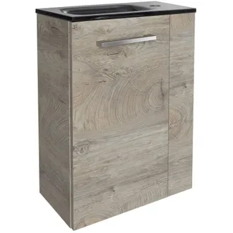 Fackelmann Stanford sbc G&auml;ste-WC Set 2 Teile - Waschtischunterschrank in Holz Braun mit Waschbecken aus Glas in Anthrazit - Waschbeckenunterschrank schmal