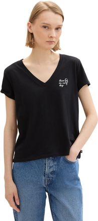 Tom Tailor Damen Basic T-Shirt mit V-Ausschnitt, deep black, XXS