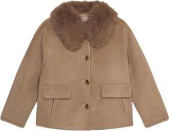 Oltre Femme, Manteaux, Beige, Taille: 40 FR Manteau Court avec Col Fourrure
